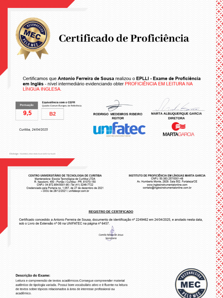 Antonio Ferreira de Sousa - 01 - Exame de Proficiência em Leitura da Língua Inglesa | PDF