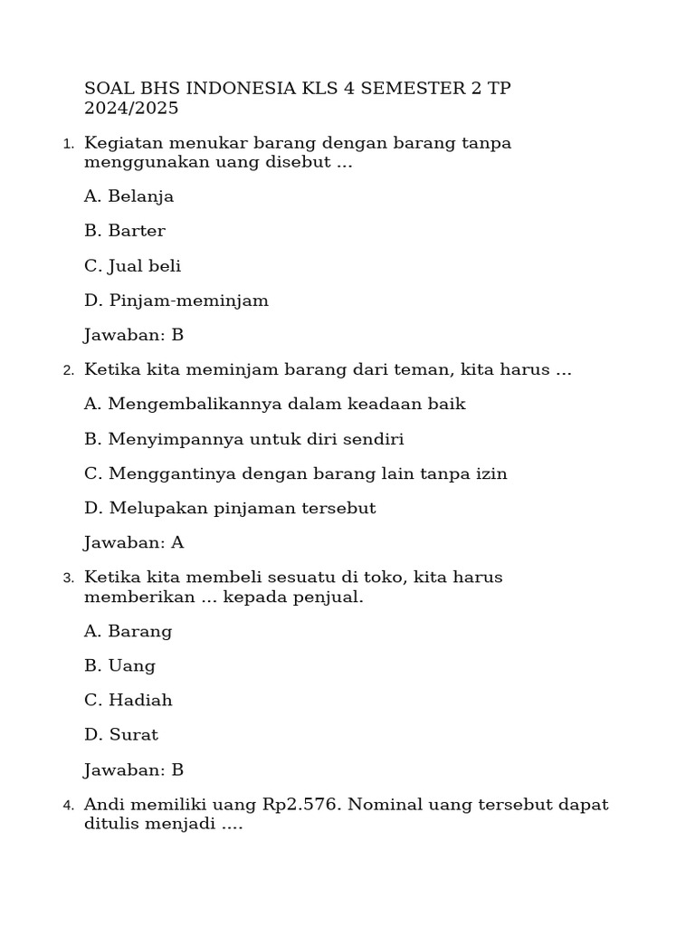 SOAL BHS INDONESIA KLS 4 SEMESTER 2 TP 2025 Salunata | PDF