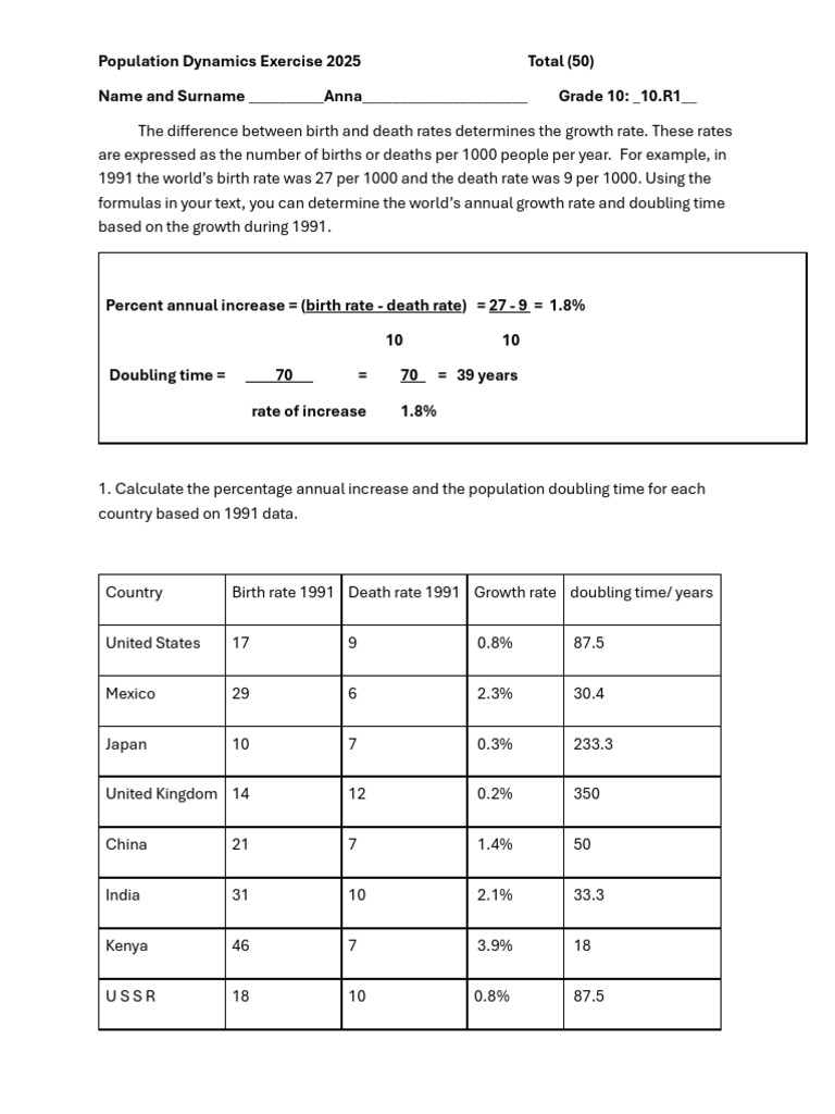 Advanced. Population Dynamics Exercise 2025 1 | PDF | Birth Rate ...