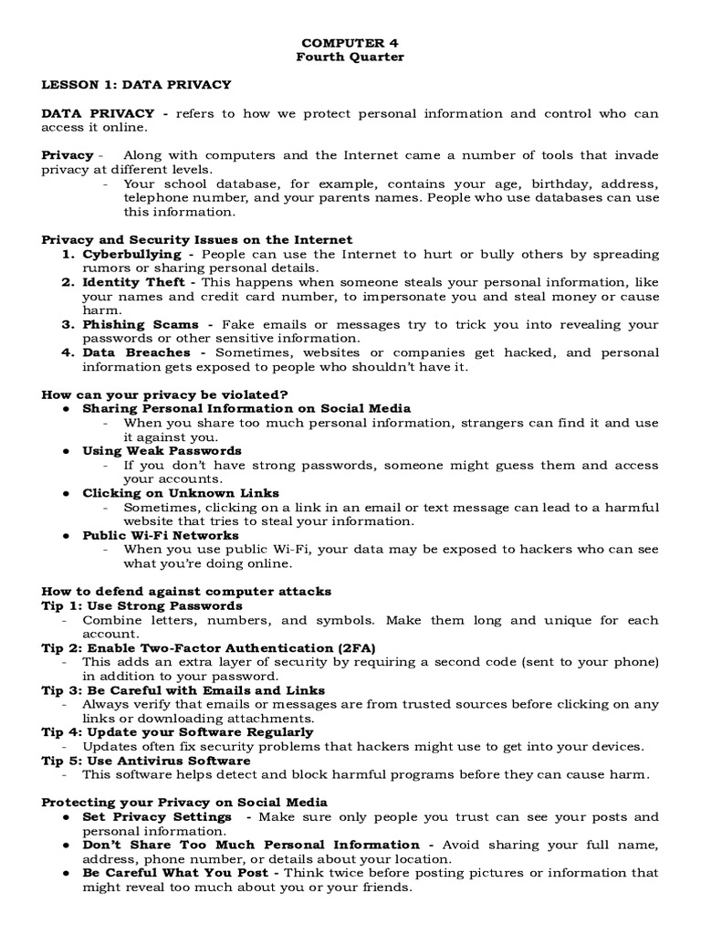 Reviewer - Lesson 1 - Data Privacy | PDF | Security | Computer Security