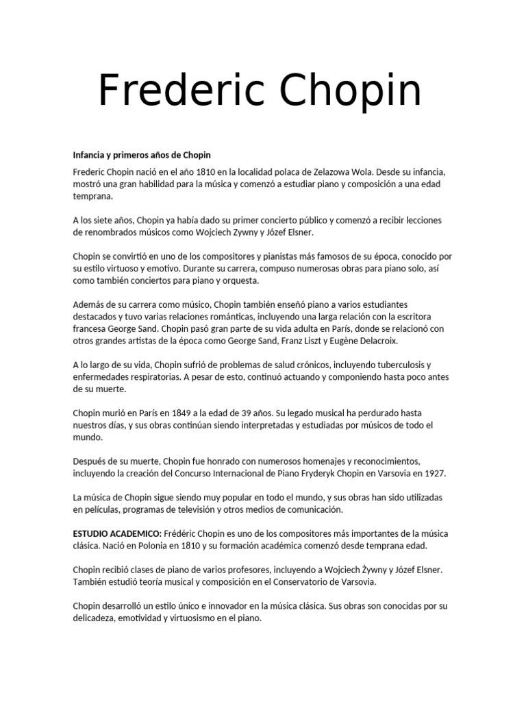 Infancia y legado de Chopin | PDF | Federico Chopin | Composiciones ...