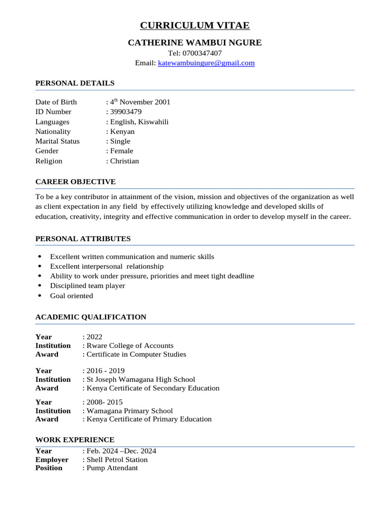 Catherine Wambui: M-Pesa Attendant CV | PDF | Kenya