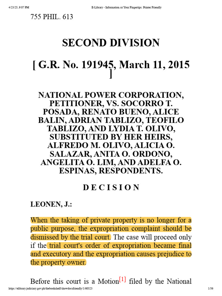 NPC vs. Posada GR No. 191945 | PDF | Eminent Domain | Injunction