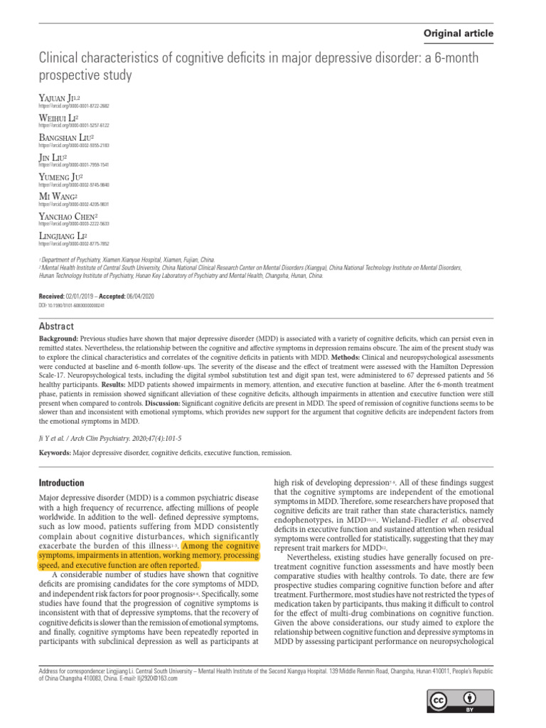 Clinical Characteristics of Cognitive Deficits in Major Depressive ...