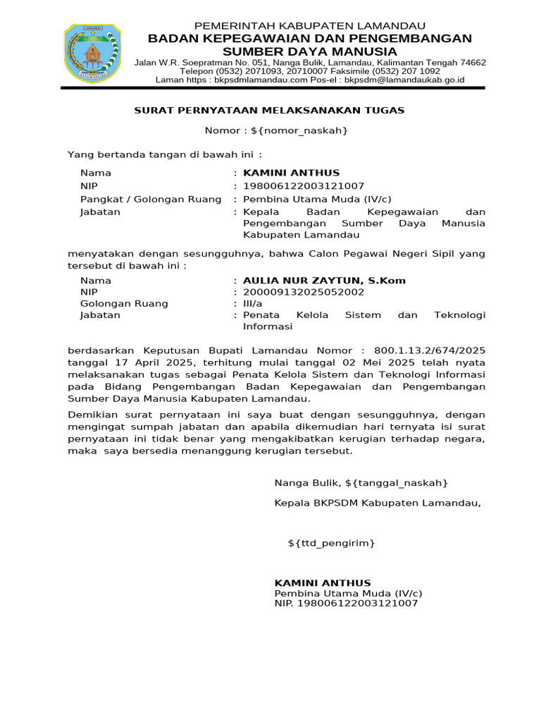 Contoh SPMT CPNS Kabupaten Lamandau | PDF