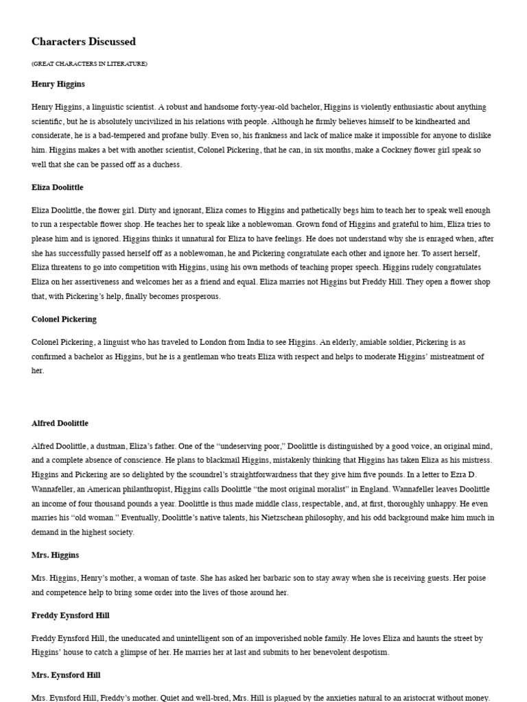 Pygmalion Characters | PDF