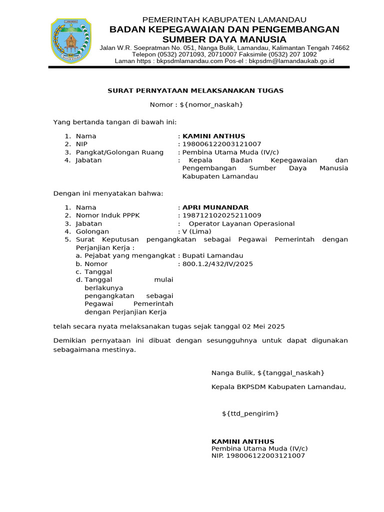 Contoh SPMT PPPK Kabupaten Lamandau | PDF