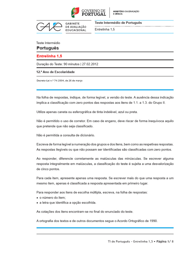 Teste Interm Port 12 Ano Fev2012 | PDF | Portugal | Poesia