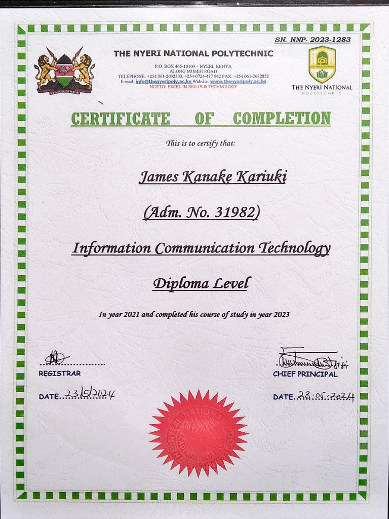 Nyeri Poly Cert of Completion | PDF