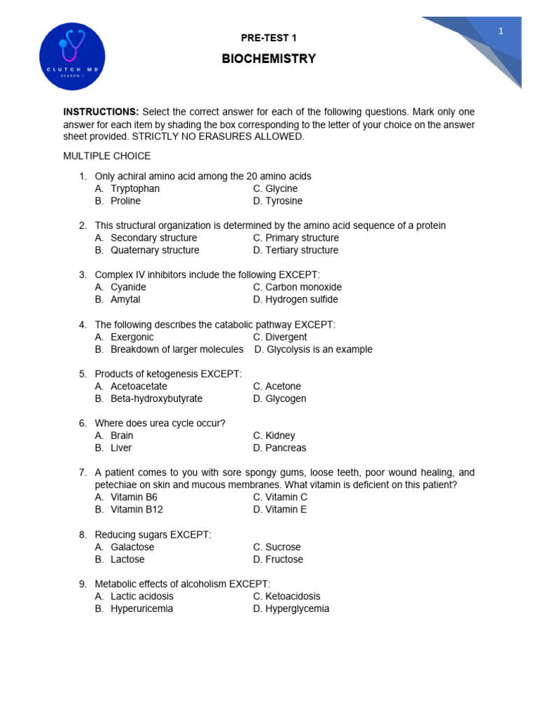 Biochemistry Pre-Test Questions | PDF | Biochemistry | Chemistry
