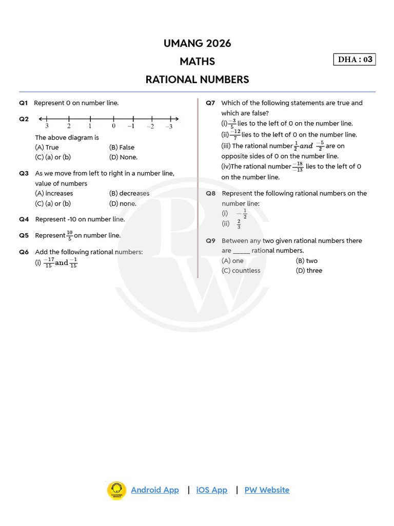 Rational Numbers - DHA 03 - Umang 2026 (Class 8th) | PDF | Information Appliances | Smartphone