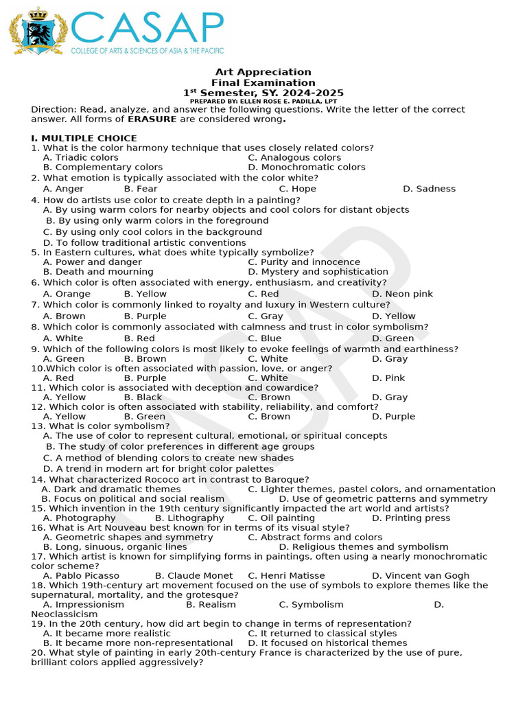 FinalExam ArtAppreciation | PDF | Paintings | Color