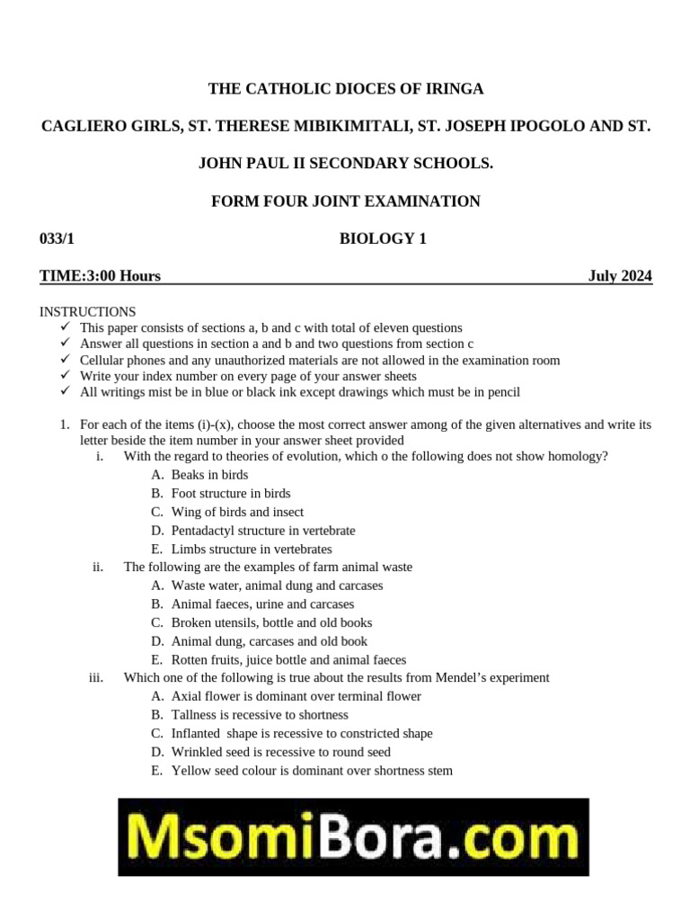 Biology 1 - Exam N Answers - Msomibora - Com729 | PDF | Evolution | Blood