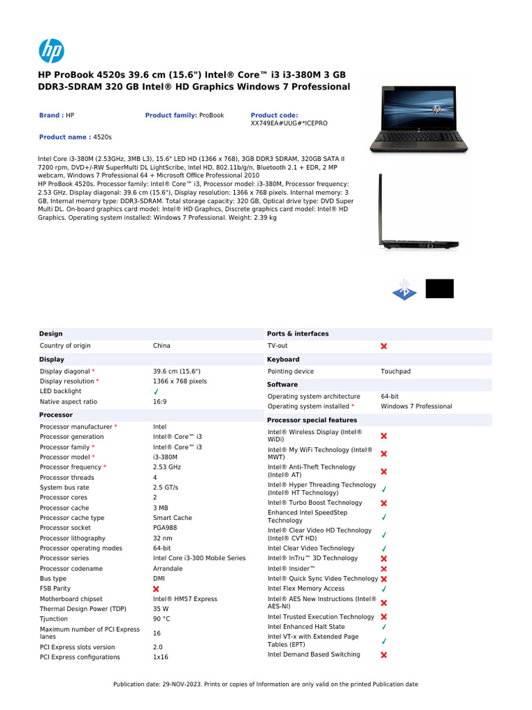 HP ProBook 4520s Datasheet | PDF | Central Processing Unit | Intel