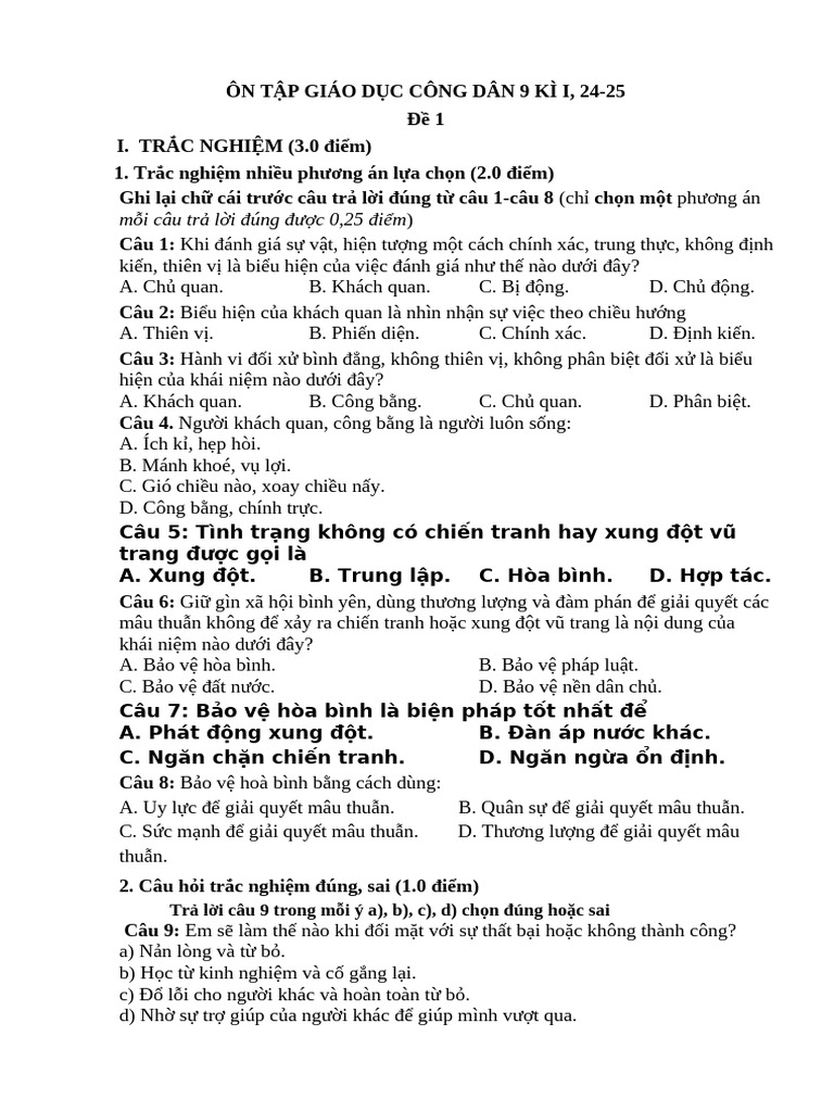 ÔN TẬP GD CD 9, KÌ I 24-25 | PDF