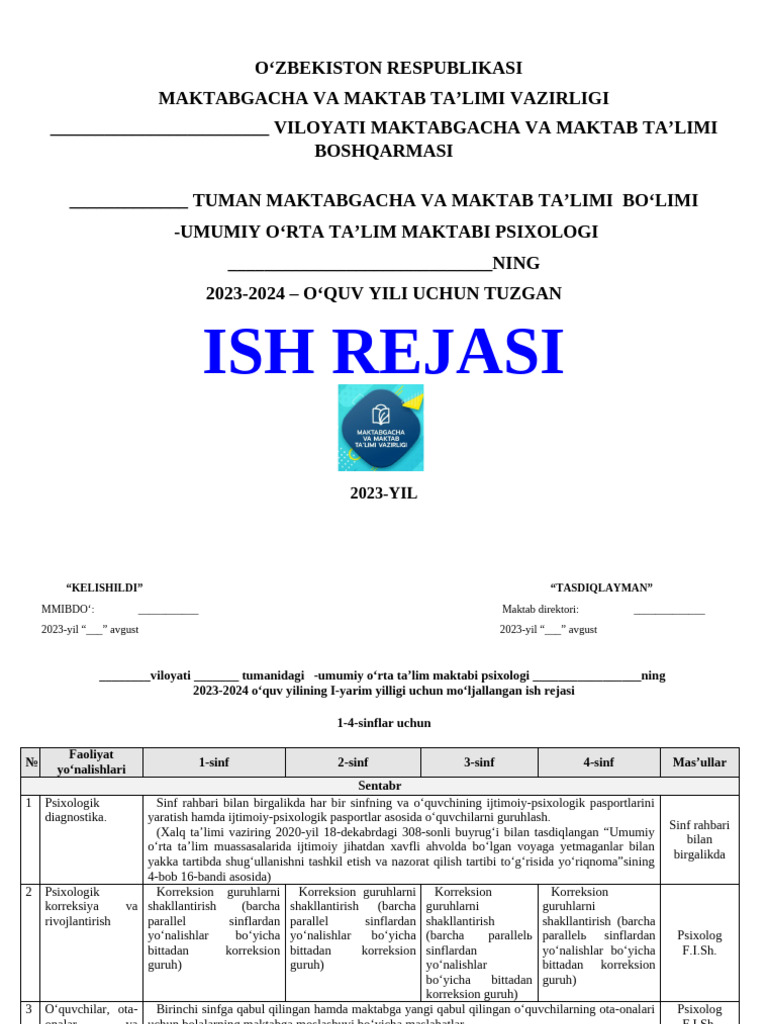 Maktab psixologining 1-yarim yillik ish rejasi 2023-2024 | PDF