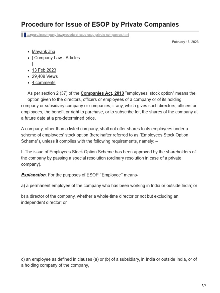 Taxguru - In-Procedure For Issue of ESOP by Private Companies | PDF | Stocks | Vesting