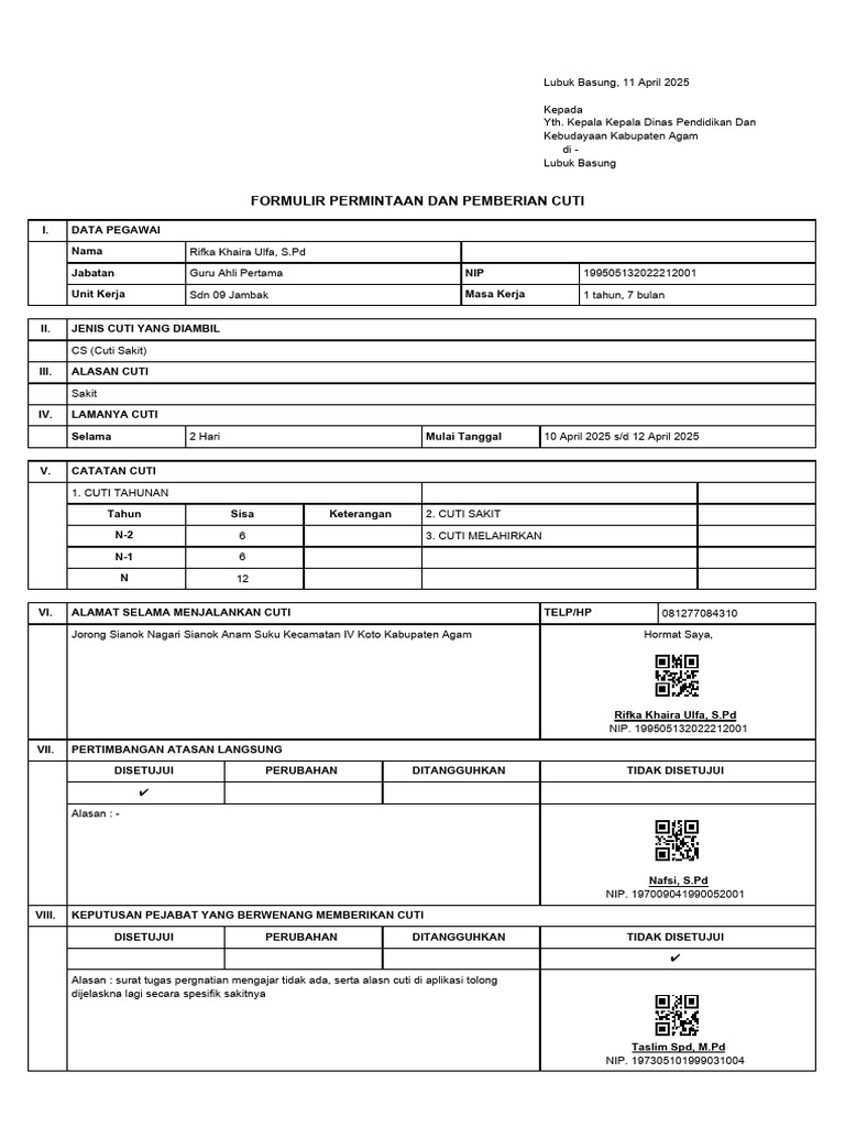 Formulir Pengajuan Cuti - Formulir Cuti Nama Pegawai NIP | PDF
