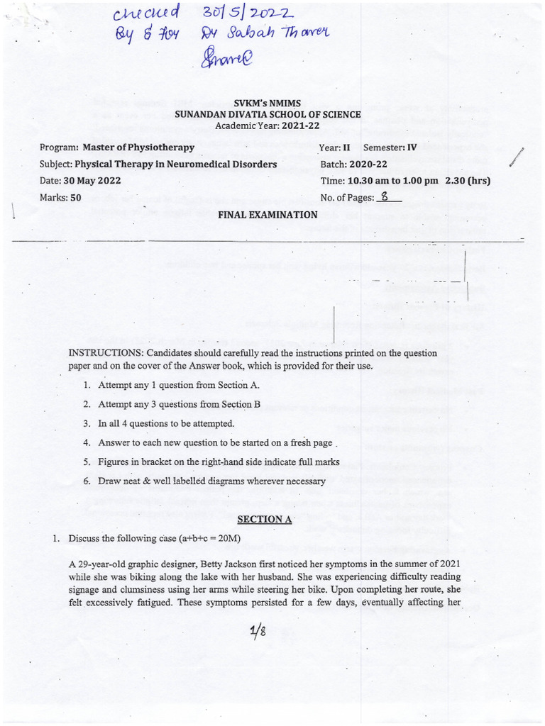 Physical Therapy in Neuromedical Disorders - QP - Sem IV - MPT DRjBWuZyBx | PDF