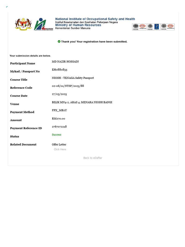 NIOSH - E-Daftar - Induction & Safety Passport Program - Nazir | PDF