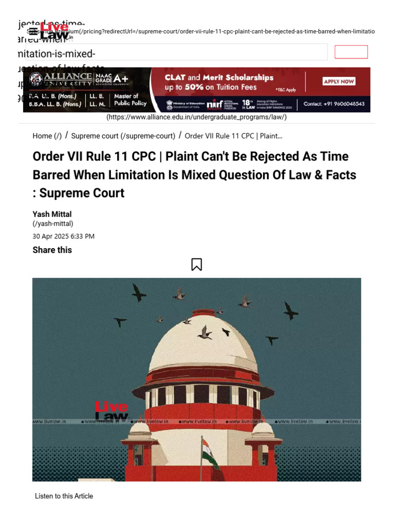 Order VII Rule 11 CPC - Plaint Can't Be Rejected As Time Barred When ...