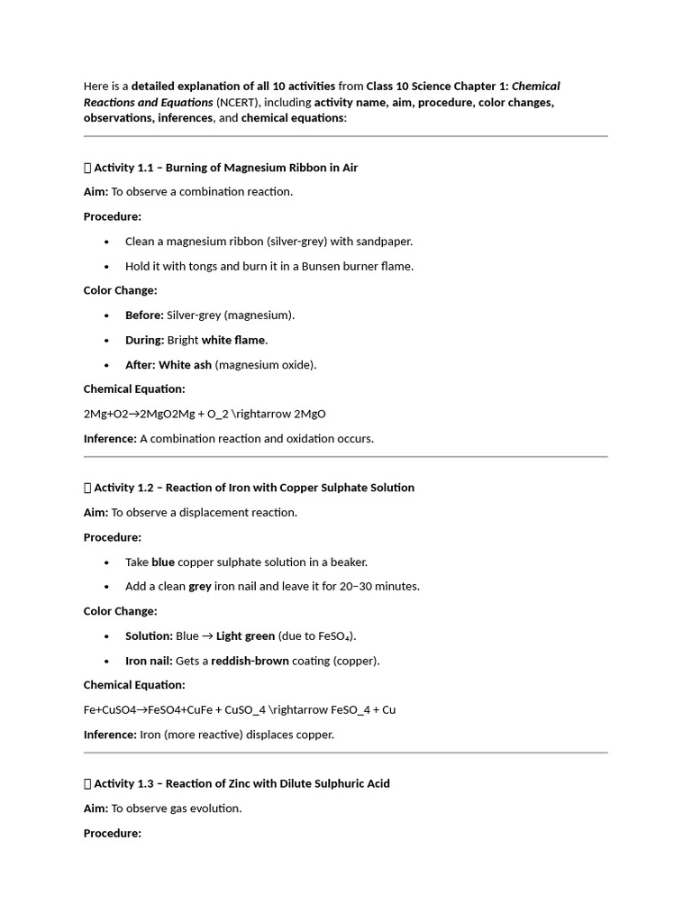 Class 10 Science: Chemical Reactions Activities | PDF | Chemical ...