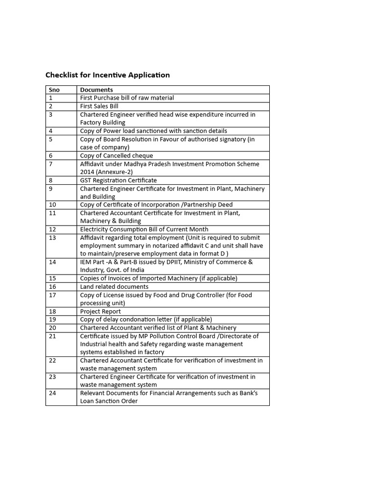 Checklist For Incentives | PDF