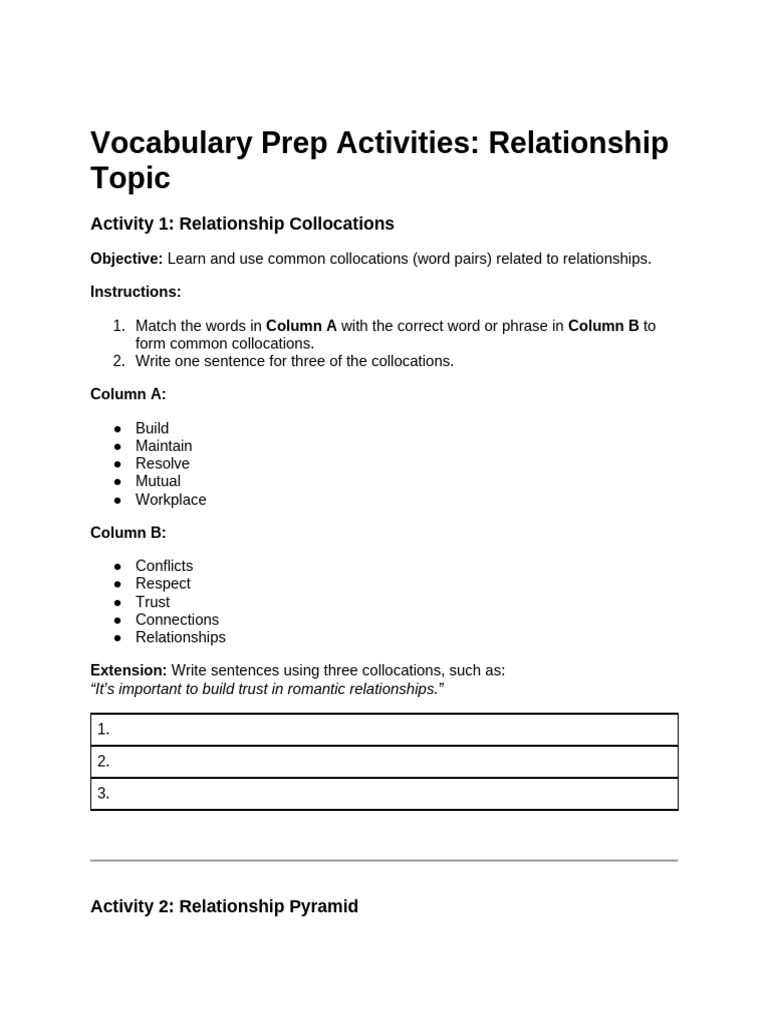 Vocabulary Prep Activities - Relationship Topic | PDF | Vocabulary ...
