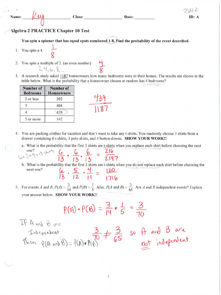 ANSWERS To The PRACTICE Chapter 10 Test | PDF