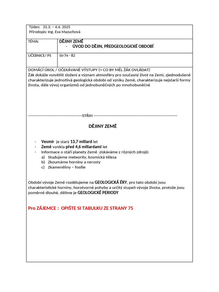 14. týdenní plán přírodopis 9. ročník DĚJINY - ÚVOD 2025 | PDF