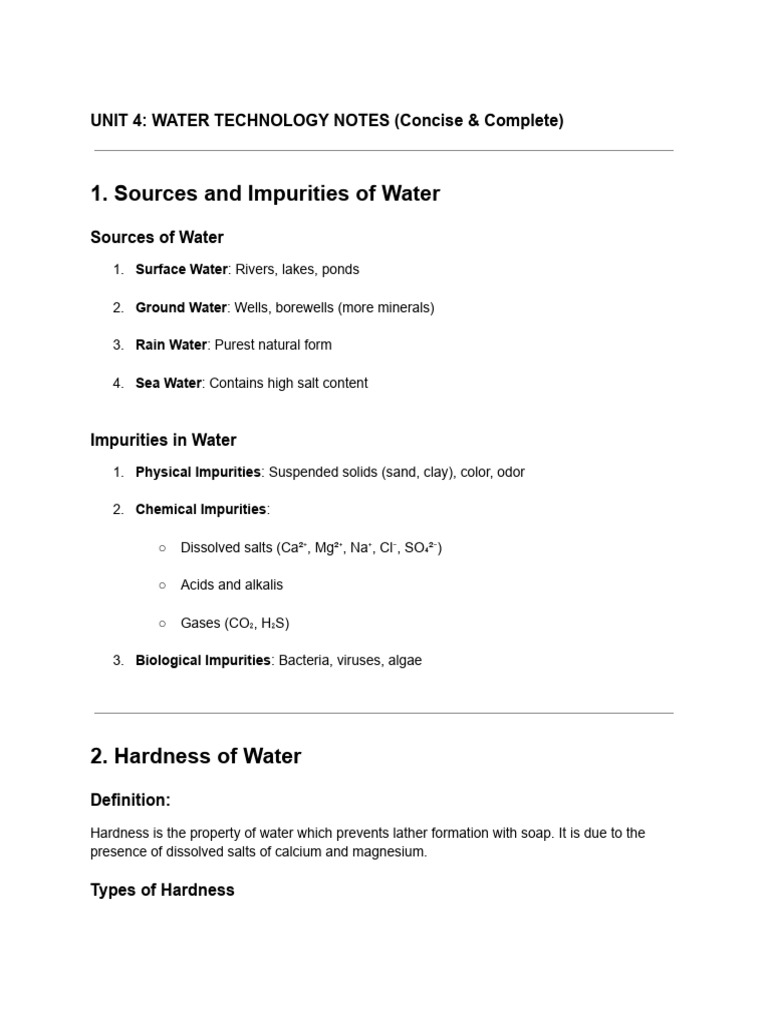 Unit 4 - Water Technology Notes (Concise & Complete) | PDF | Alkalinity ...