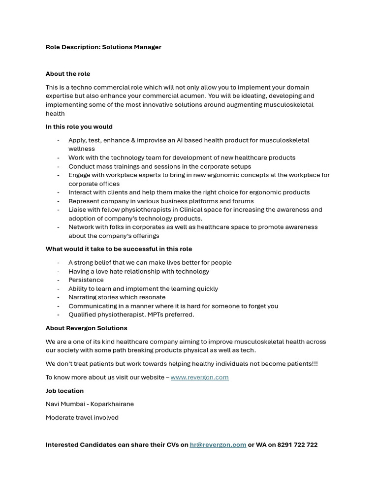 Physiotherapist - Program & Solution Manager | PDF