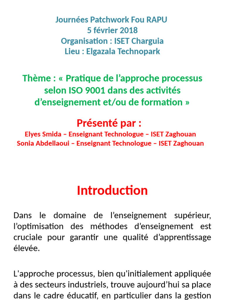 Pratique de L'approche Processus Selon ISO 9001 Dans Des Activités D ...