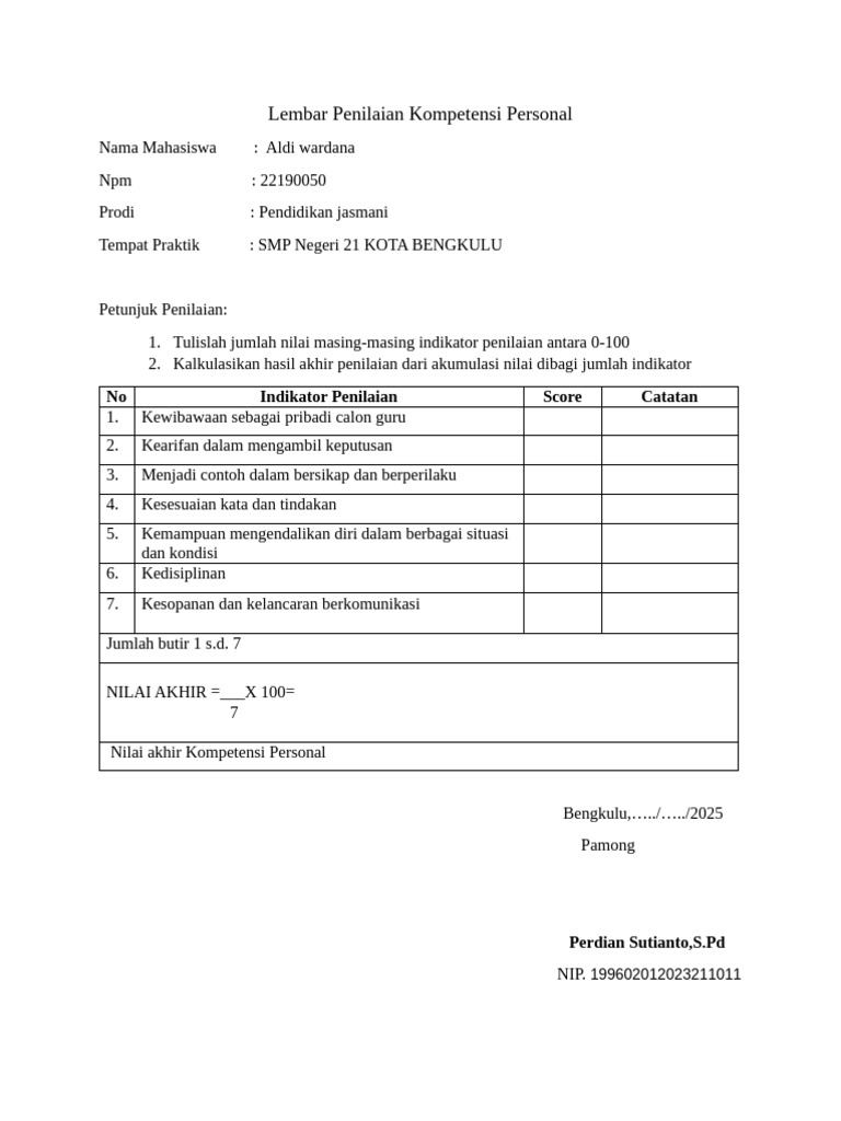 Lembar Penilaian Kompetensi Personal | PDF