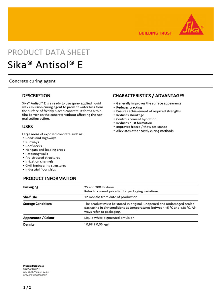 Curing Compund-Sika - Antisol - e | PDF | Concrete | Building Engineering