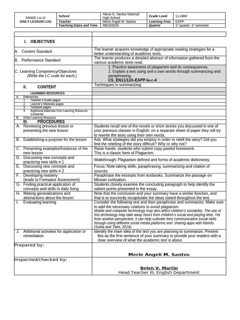 DLL 8. Eapp Summarixing Paraphrase | PDF | Plagiarism | Learning