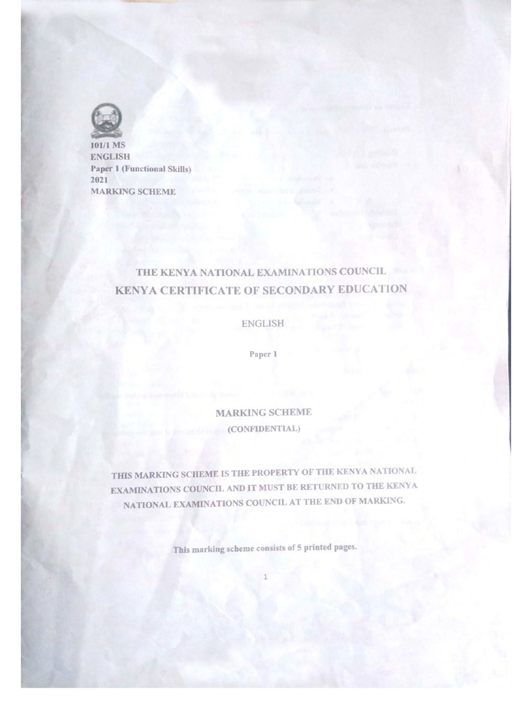 2021 KCSE English Paper 1 Marking Scheme | PDF