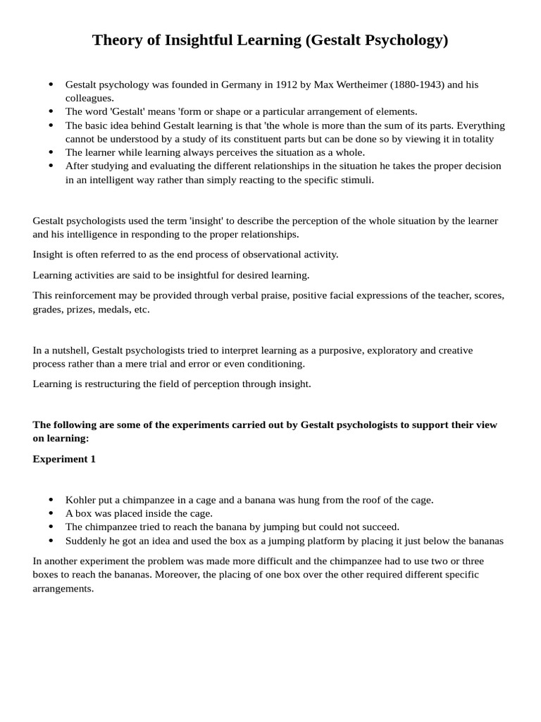 Gestalt Psychology Theory | PDF | Learning | Behavior Modification