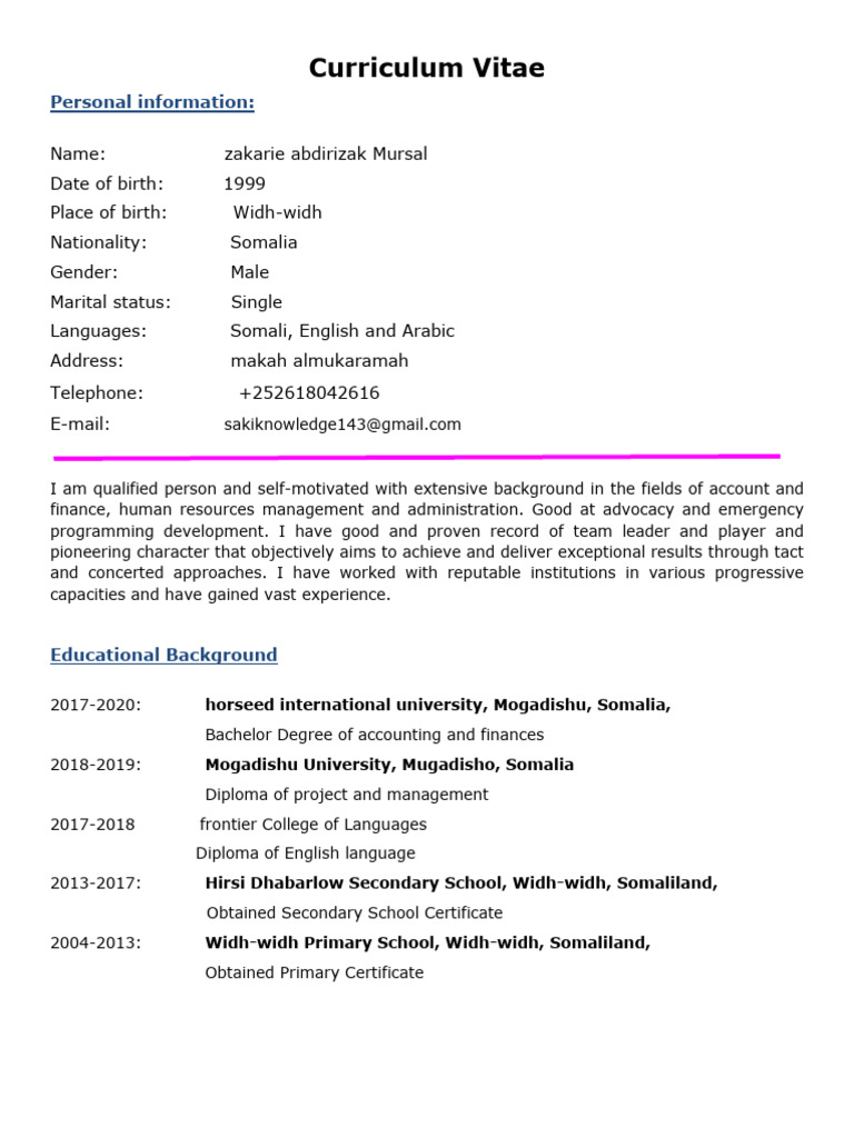 Zakarie Abdirizak Mursa CV | PDF | Somalia | Mogadishu