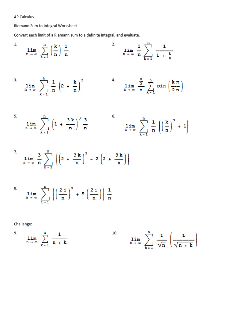 Riemann - Sum - To - Integral - Practice - WORKSHEET | PDF