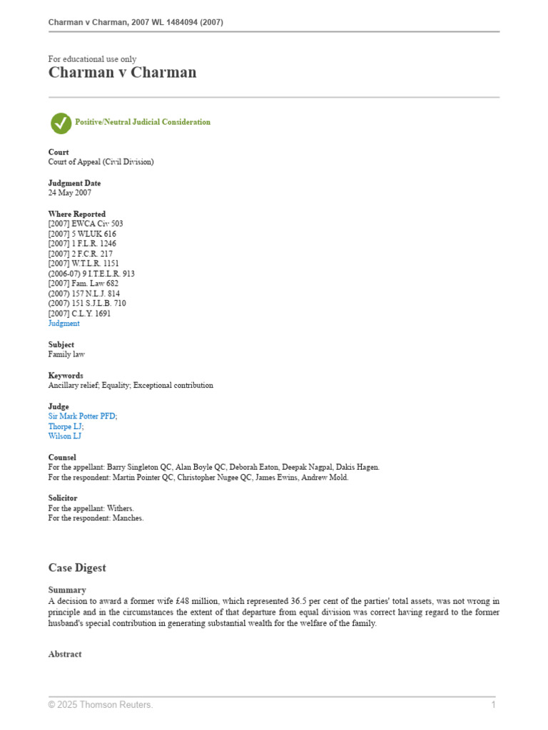 FACTS of Charman V Charman | PDF | Judgment (Law) | Justice