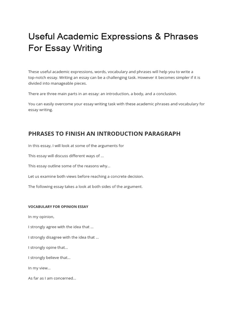 Academic Expressions and Phrases For Essay Writing | PDF | Essays ...