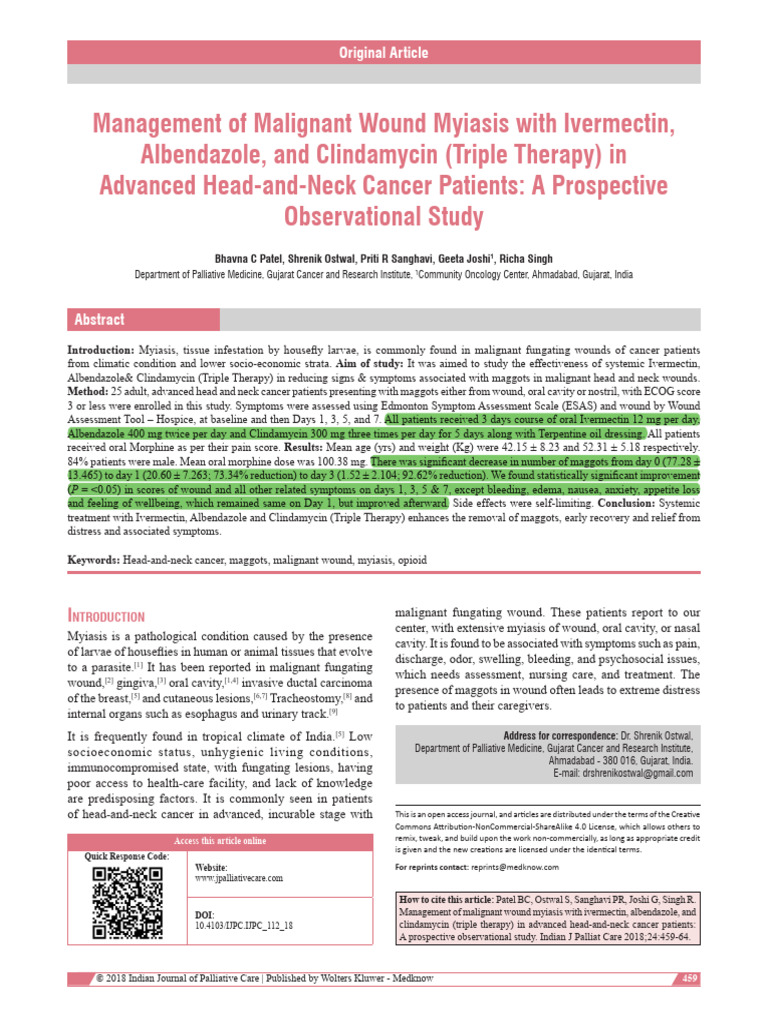Management of Malignant Wound Myiasis With Ivermectin, Albendazole, and ...