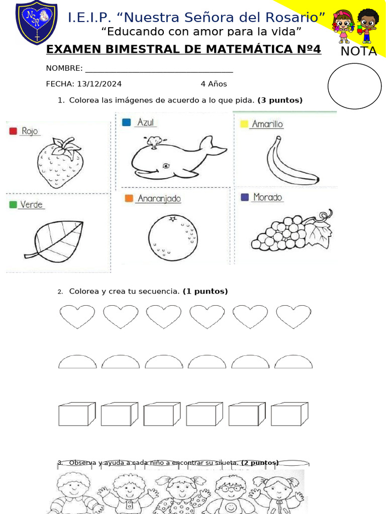 Examen Bimestral de Matemática 4 Años | PDF