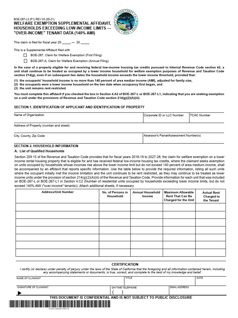 MONTEREY County Form BOE-267-L3 For 2024 | PDF | Tax Exemption | Taxes