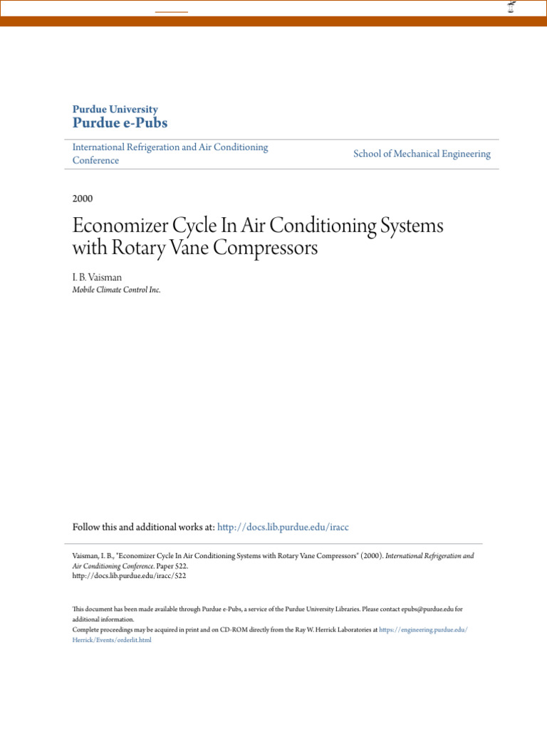 Economizer Cycle in Air Conditioning Systems With Rotary Vane Compressors | PDF | Air ...
