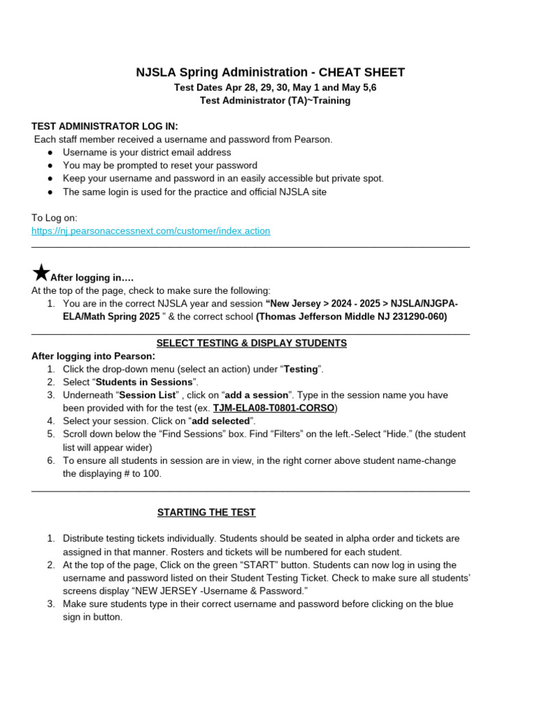 NJSLA Spring 2025 - Cheat Sheet | PDF | Password | Login