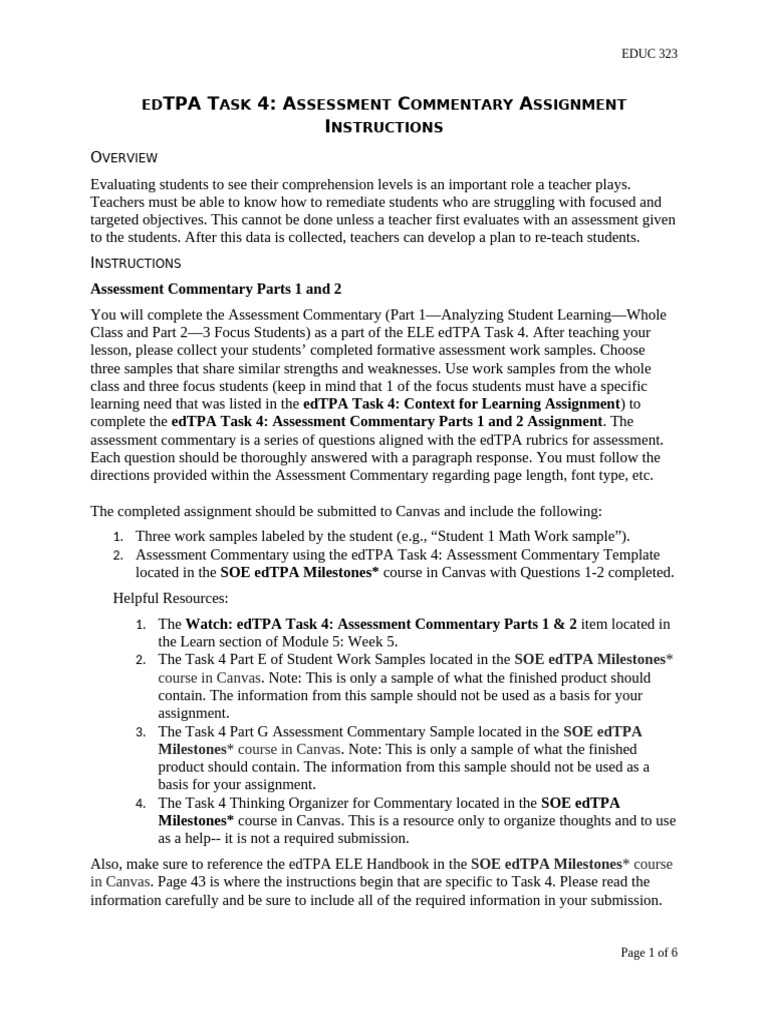 edTPA Task 4 Assessment Commentary Assignment Instructions | PDF ...
