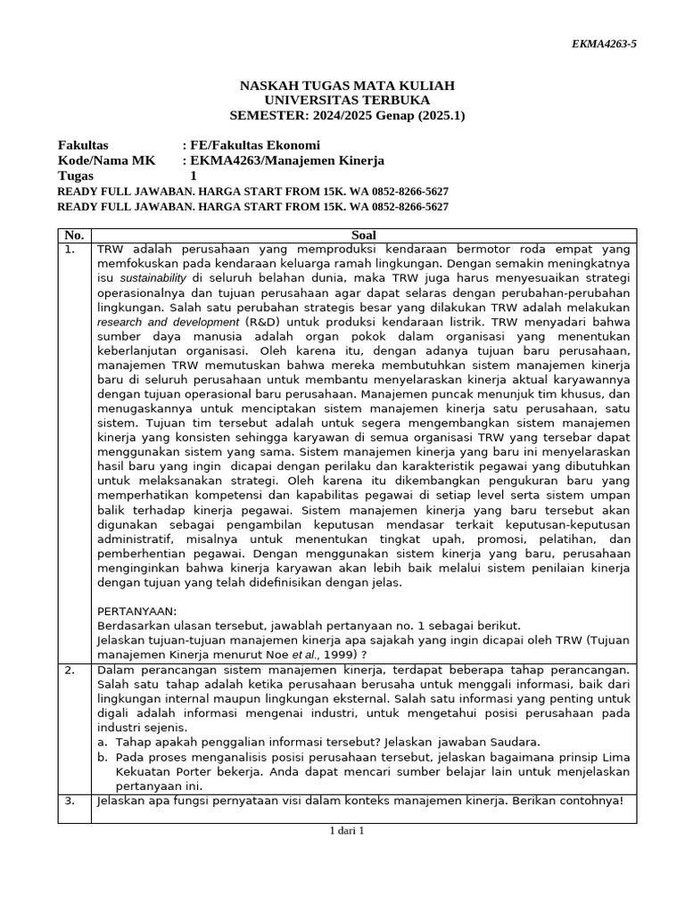 TMK 1 - Manajemen Kinerja Ekma4263 | PDF