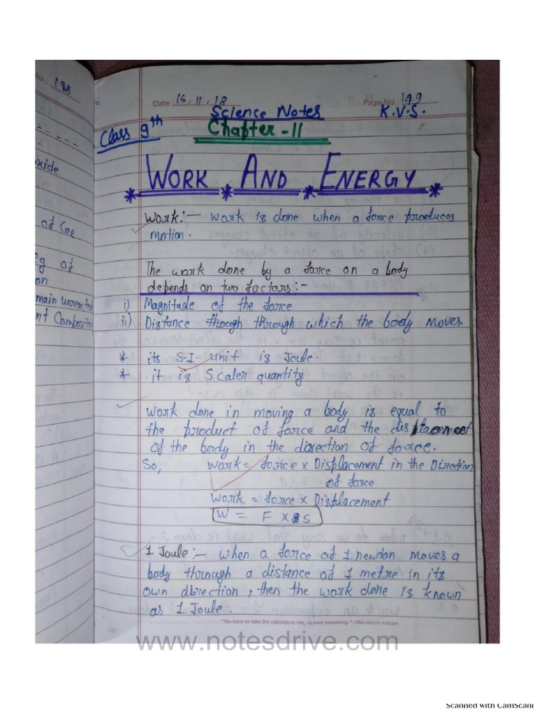 Chapter 11 Work and Energy Handmade Notes | PDF